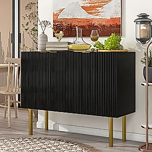 Modern Simple Sideboard with Particle Board and MDF Board, Adjustable Shelves Luxury Style Cabinet with Gold Metal Legs and Handles for Hallway (Black)