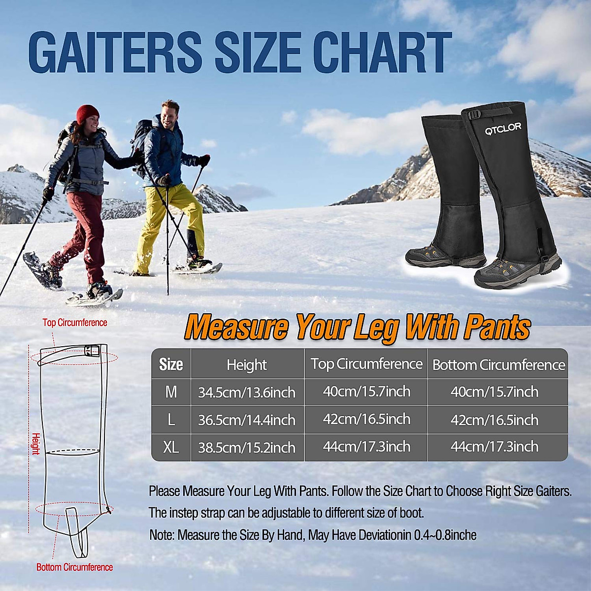Leg Gaiters Waterproof Snow Boot Gaiters for Snowshoeing, Hiking, Hunting, Running, Motorcycle Anti-Tear Oxford Fabric, TPU Instep Belt Metal Shoelace Hook Adjustable top Buckle Strap for Outdoor