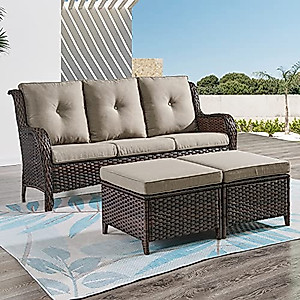 Rilyson Outdoor Ottoman Wicker Patio Ottomans - 2 Piece Footrest Footstools Set Rattan Outdoor Ottomans for Patio with Thick Cushions(Brown/Grey)