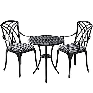 Kinger Home 3-Piece Outdoor Patio Bistro Table and Chair Set of 2, Cast Aluminum Patio Furniture with Cushion and Umbrella Hole, Black