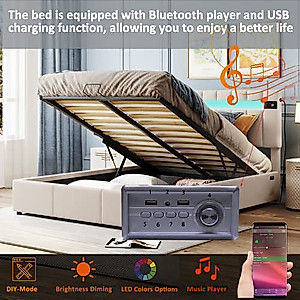 LUMISOL Lift Storage Bed Queen Size, Upholstered Platform with LED Light Bluetooth Player and USB Charging Tufted Headboard, Bed Frame with a Hydraulic Storage and Slat Support, Beige
