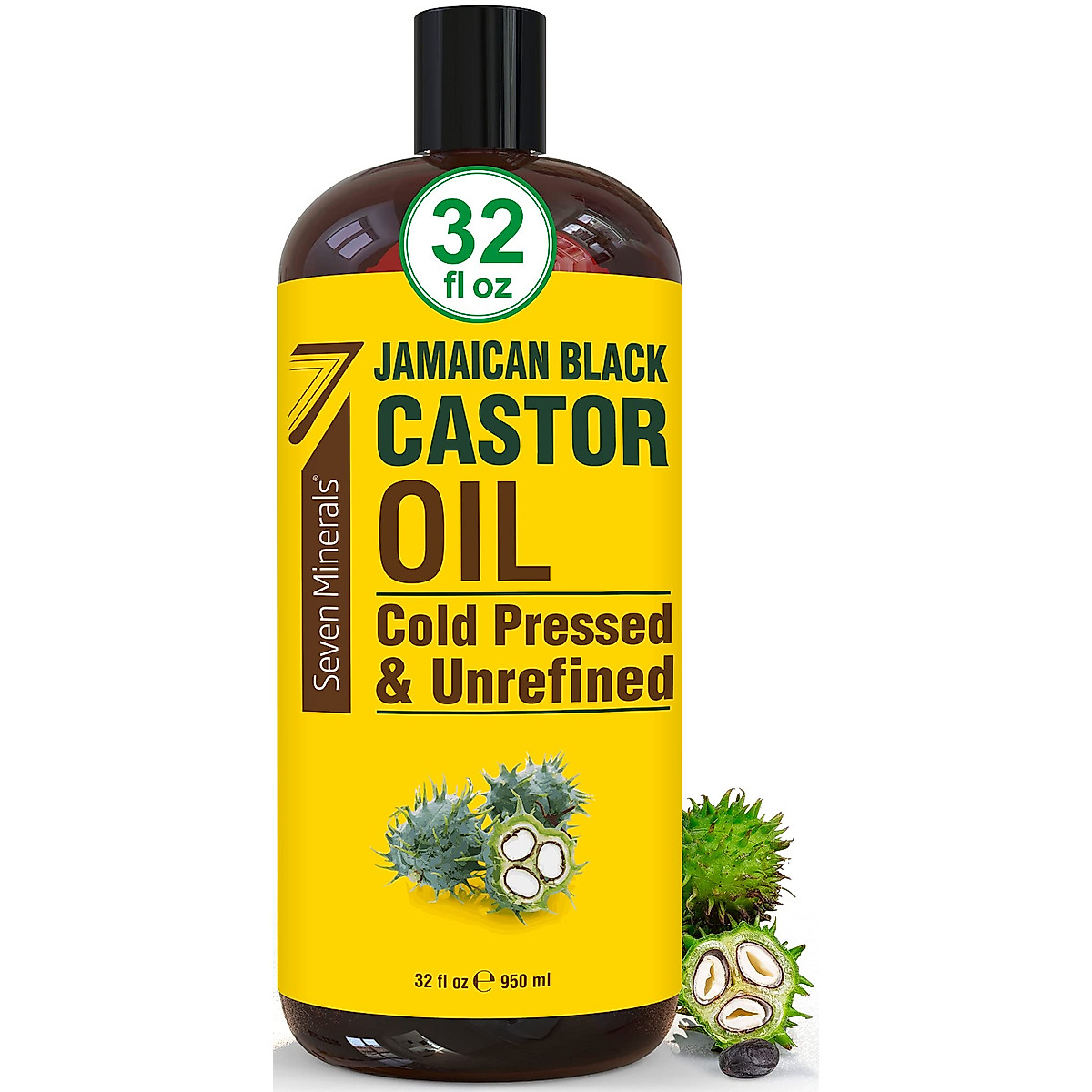 Seven Minerals, Pure Jamaican Black Castor Oil - Big 32 fl oz Bottle - Unrefined & Hexane Free - for Hair Growth, Thicker Eyelashes & Eyebrows, Dry Skin, Healing, Hair Care