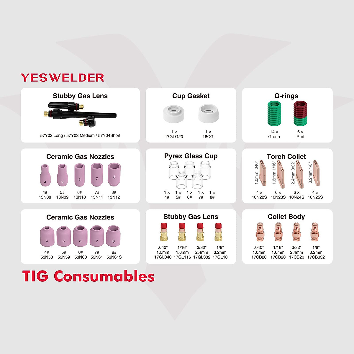 YESWELDER 68 Pcs TIG Welding Torch Stubby Gas Lens Pyrex Glass Cup Kit For WP-17/18/26