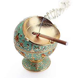 K COOL Windproof Ashtray with Lid Metal Portable Cigarettes Ashtray for Outdoors Indoors Hand Stamped Pattern Smoking Ashtray Fancy Gift for Men Women(Jade Green) ¡­