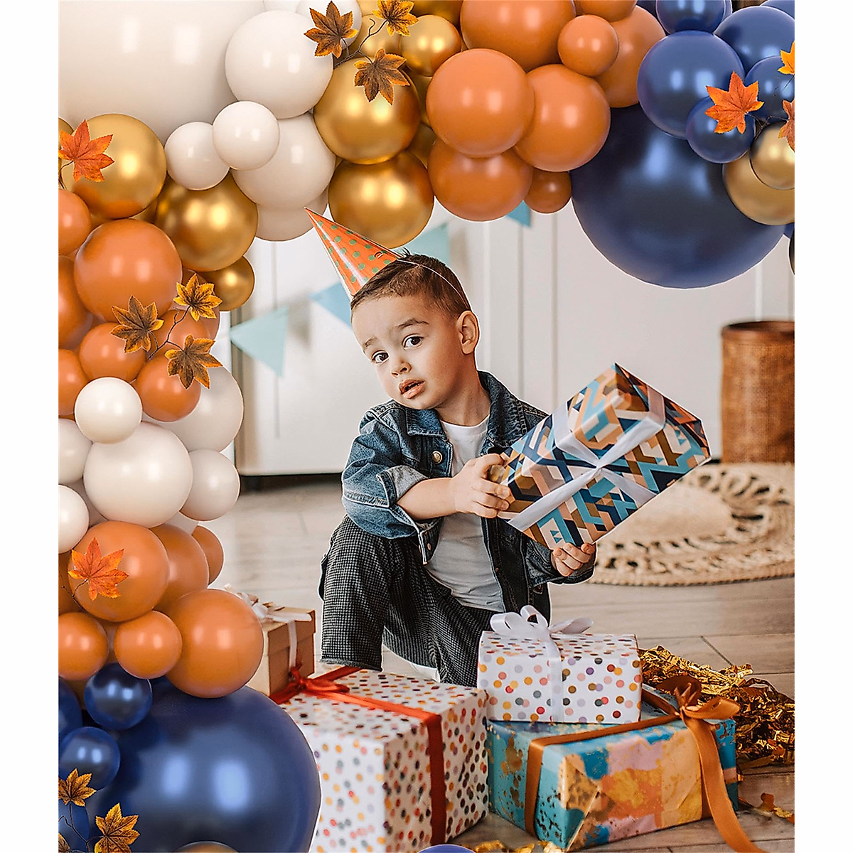 Fall Balloon Arch Kit Navy Blue Orange Sand White Metallic Gold Balloons Garland Maple Leaves for Thanksgiving Birthday Baby Shower Wedding Party Decorations