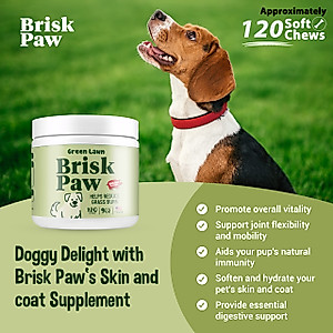 Brisk Paw Green Lawn Dog Vitamins and Supplements | Enriched with Dog Probiotic, Cranberry, and Spirulina | Dog Urine Neutralizer for Grass and Help Yellow Burn Spots | 120 Dog Chews