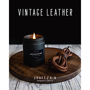 Craft & Kin Premium Vintage Leather Candle | Black Spring Scented Candles for Men | Long Lasting with 45 Hour Burn Time, 7.6oz | Made with Soy | Aromatherapy at Home | Gifts for Men