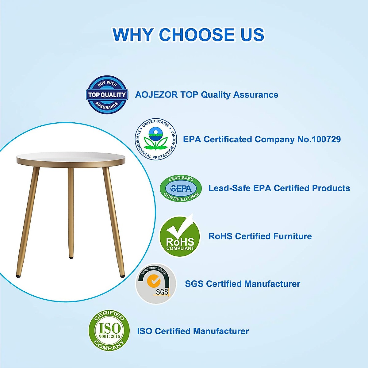 AOJEZOR Bed Side Table Ideal for Any Room, Living Room, Bedroom,Metal Structure Small Round Side Table Great for Small Spaces,White Tray with 3 Gold Legs End Table