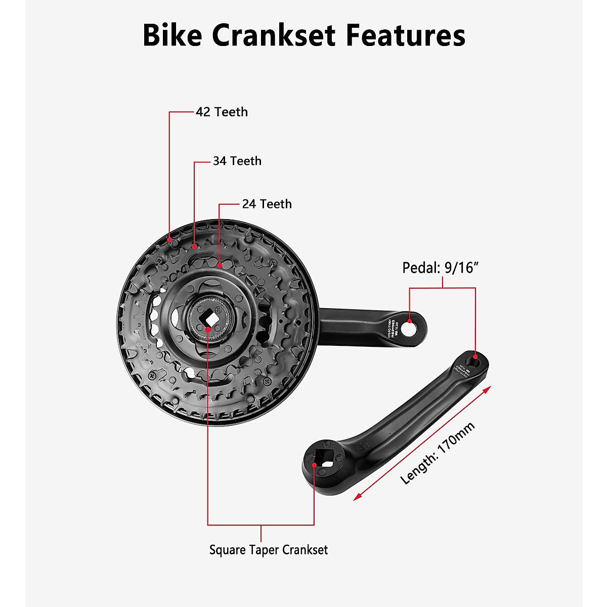 MEGHNA Bicycle Crankset FC-TY301 42-34-24 Teeth for 3x6/7/8 Speed 170mm Crank for Mountain Bike Gears Square Gears
