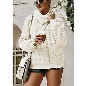 KIRUNDO Women's 2024 Winter Lapel Fuzzy Fleece Sweatshirt Faux Shearling Zipper Warm Sherpa Pullover Outwear With Pockets(Small, Beige)