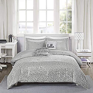 Intelligent Design Zoey Triangle Metallic Print, Cozy Comforter Set All Season Bedding Set, Matching Sham, Decorative Pillow, King/Cal King, Grey/Silver 5 Piece