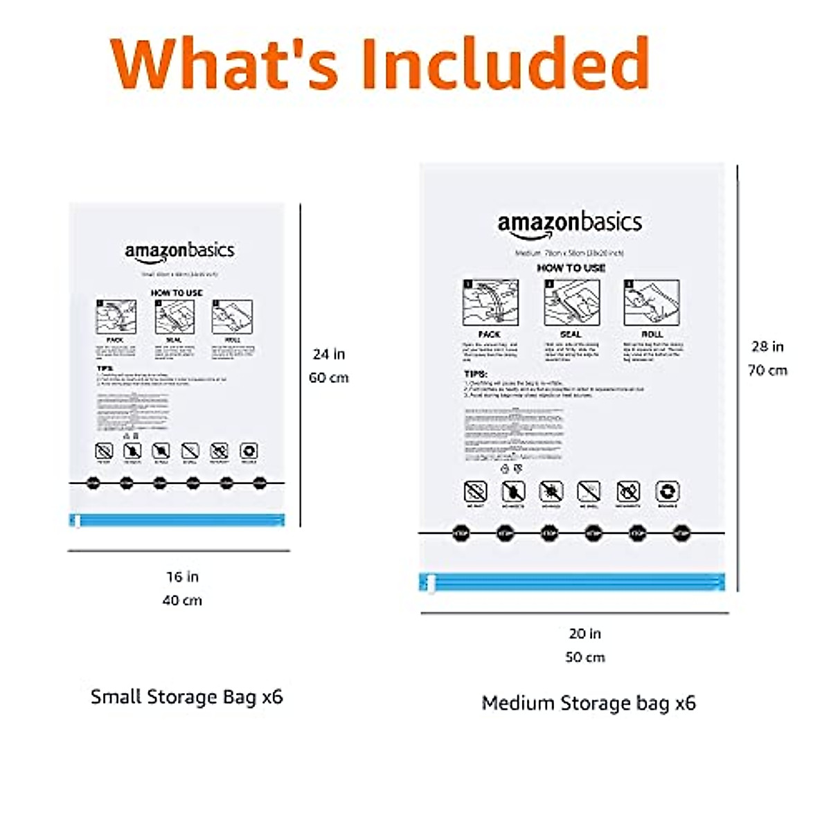 Amazon Basics Roll-Up Travel Storage Bags, 12 Packs of 6 (Small & Medium), Multiple, Clear