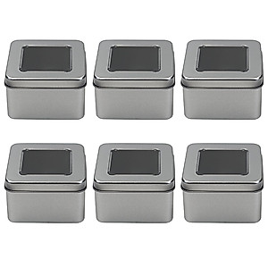 6-Pack of 8 Ounce Metal Box Square Rectangle Storage Tin Container Set with Large Clear Window Lids 3.6 x 3.6 Inches base x 2.4 inches tall