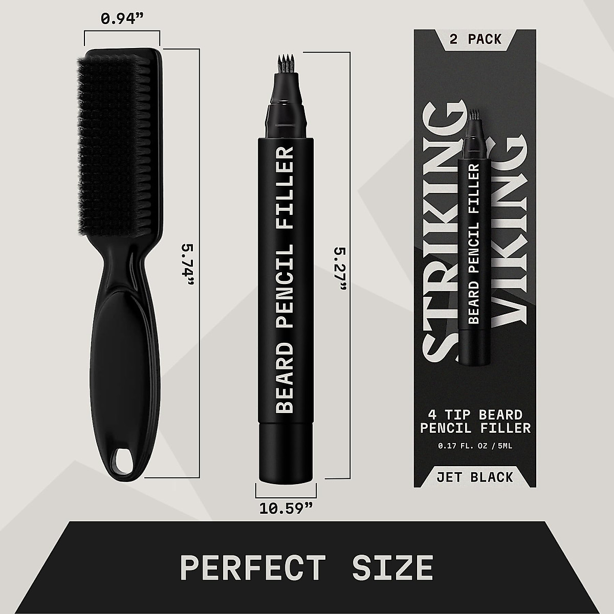 Striking Viking 2 Pack Beard Pencil Filler for Men with 4 Tips (Jet Black) - Fill, Shape & Define with this Long-Lasting, Waterproof Beard Pen Kit Including Brush