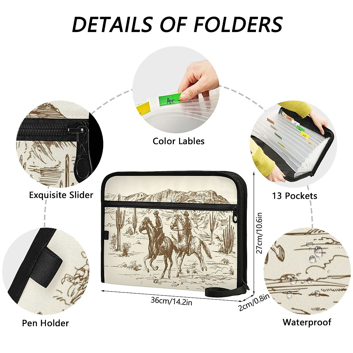 Kcldeci Expanding File Folder 13 Pocket American Wild Western Desert Cowboy Accordion File Folder Document Organizer Expanding Zip File Folder with Zipper Closure Letter A4 Paper Document Accordion Fo