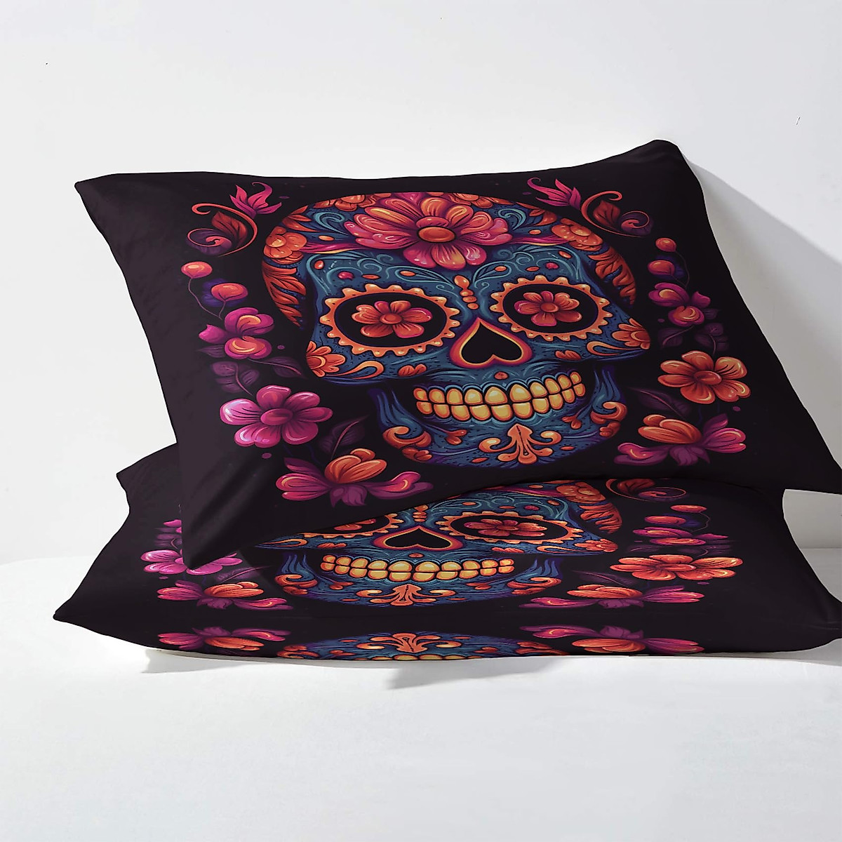 Sugar Skull Sheets Twin Size, Day of The Dead Bed Sheets, Patterned Bedding Sheets & Pillowcases 3 Piece Set - Soft Microfiber Deep Pocket Fitted Sheet & Flat Sheet & Pillow Case Z3-&-160