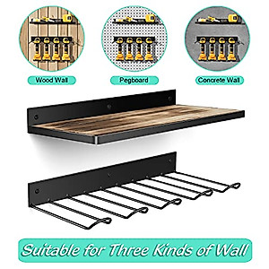 Bivvclaz Power Tool Organizer Drill Holder Wall Mount - Heavy Duty Rustic Solid Wood Floating Shelf - Cordless Tool Rack with Charging Station for Garage Organization & Storage - Gift for Father's Day