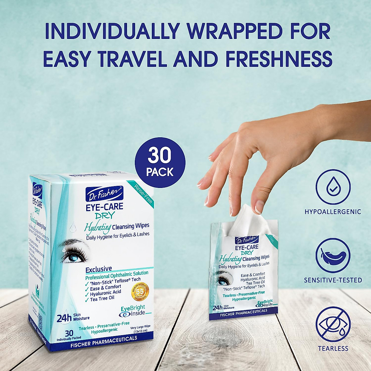 Dr. Fischer Tea Tree Eyelid Wipes: Hypoallergenic Eye Wipes for Dry, Red, Allergy Eyes. Long-Lasting Relief for Computer Vision & Tired Eyes. Effective Makeup Remover for Sensitive Skin.