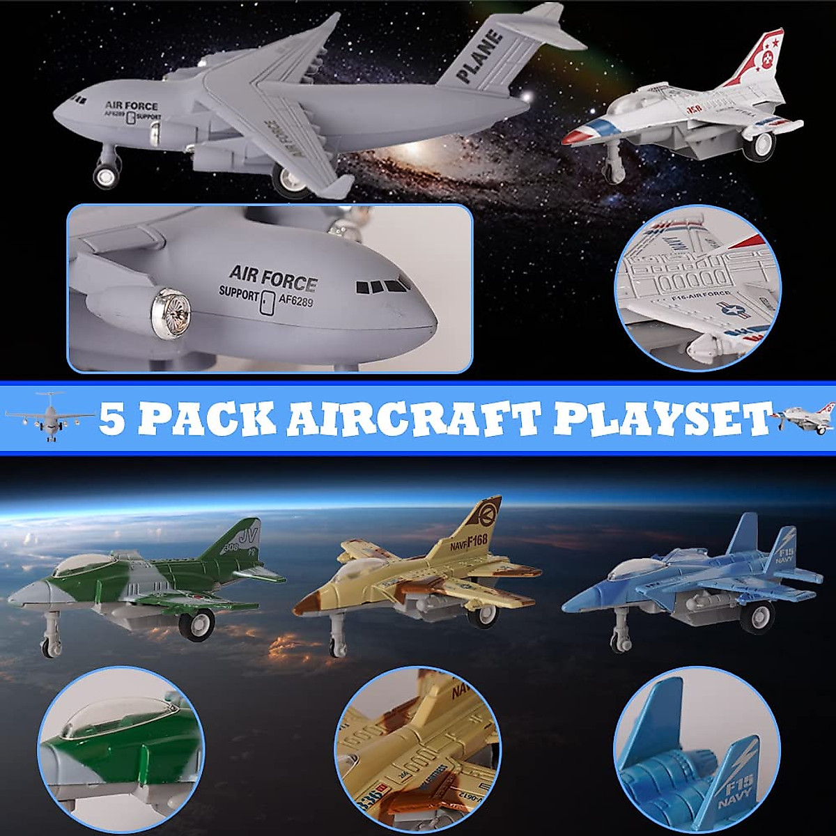 Crelloci 5 Pack Army Airplane Toys Set Military Fighter Jet Die Cast Plane Metal Aircraft Toy, Pull Back Play Vehicle Aircraft Gift for Kids Boys Girls Children 3+ Years Old