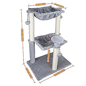 Dimaka Cat Tree Tower with 2 Big Soft Spacious Top Hammocks for Indoor Cats,Multi-Level Cat Furniture with 3 Dangling Balls for Adult Cats,Gray(33.5" Tall)