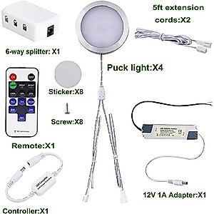 AIBOO Linkable LED Under Cabinet Lights Hardwired 12V Slim Aluminum Dimmable Puck Lights with Remote Control for Cupboard Lighting (4 Lights, Daylight White, NO Wall Plug)