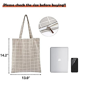 Hooshing Plaid Canvas Tote Bag with Zipper and Inside Pocket Reusable 100% Cotton for Shopping School Travel Gray