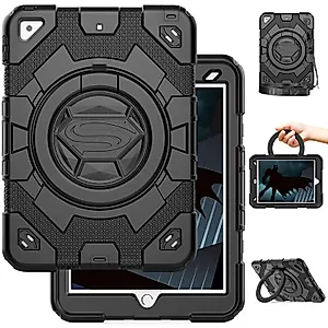 SEYMAC Case for iPad 9th/ 8th/ 7th Generation Case 10.2 Inch 2021/2020/2019, Full-body Shockproof Heavy Duty Protective Case with Screen Protector, Rotating Stand/Handle/Shoulder Strap, Black