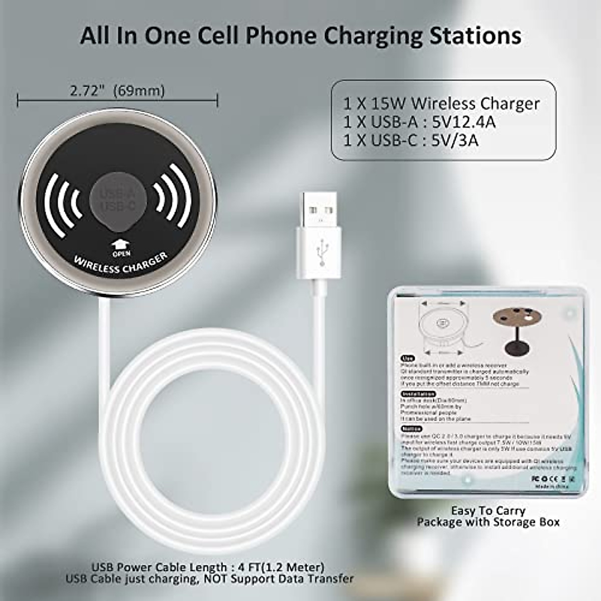 Desktop Power Grommet with USB Port & Wireless Charger, 15W Max Fast Wireless Charging Pad Compatible with iPhone 14/14 Pro, iPhone 13/13 Pro/13 Pro Max, iPhone 12/12 Pro Max/11,Samsung Galaxy S21/S20