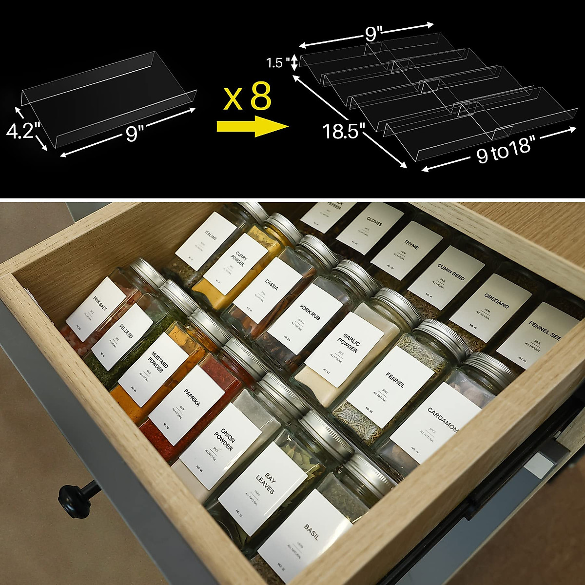 Brippo Spice Drawer Organizer with 35 Spice Jars, 328 Labels, Sift and Pour Shake Lids with Airtight Aluminium Caps, 4 Tier (2 Set) Clear Acrylic Drawer/Countertop Tray Rack with Seasoning Containers