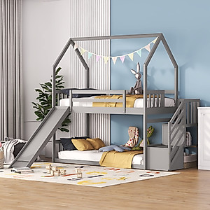 Bellemave House Bunk Beds with Stairs and Slide Low Twin Over Twin Solid Wood Floor Bunk Bed for Kids Girls Boys Teens, Gray