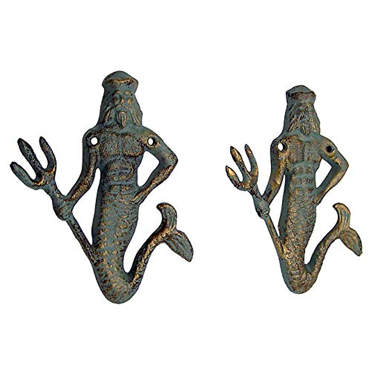 Green Cast Iron King Neptune Wall Hooks, Set of 2, 6.5 Inches