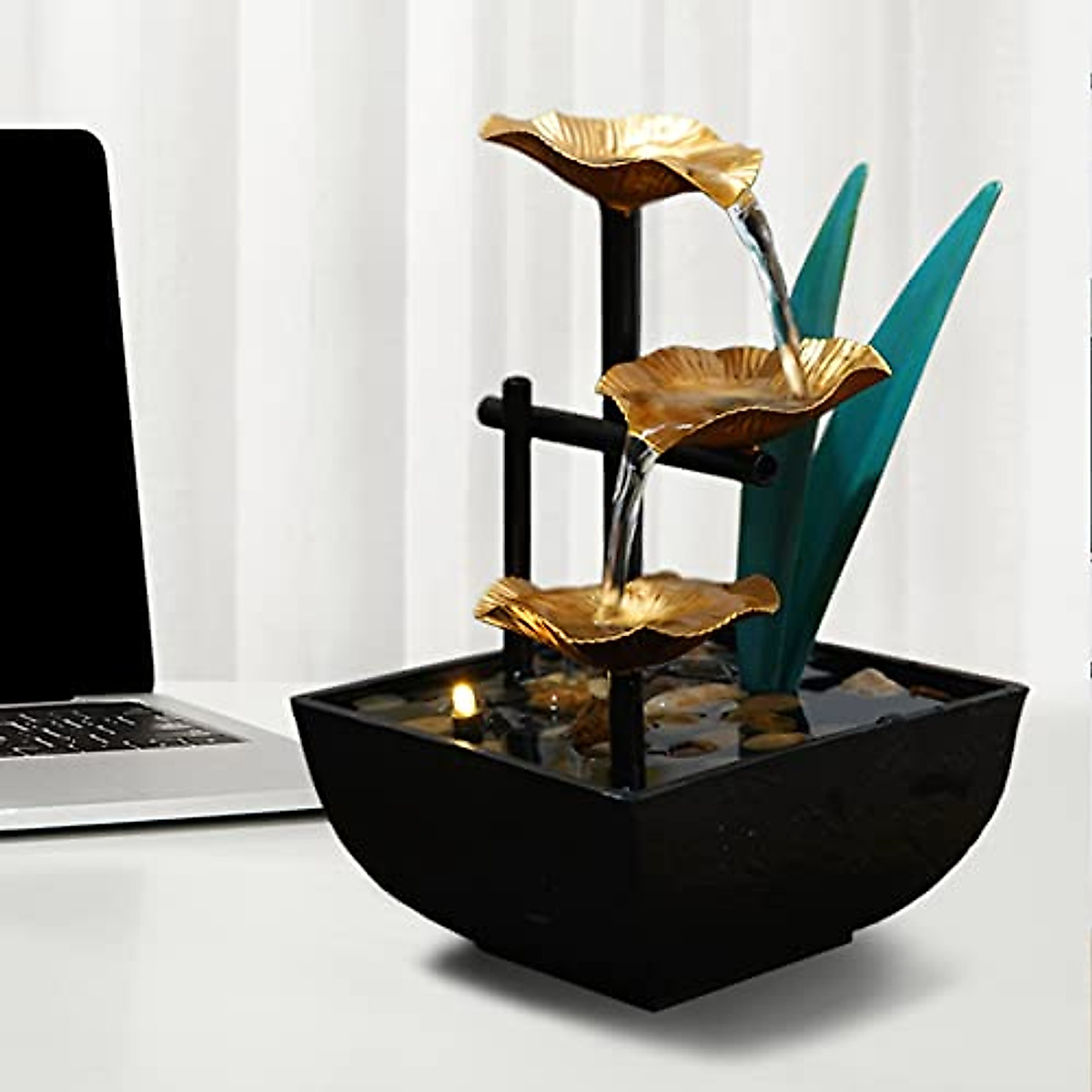 Desktop Waterfall Function,Indoor 3-Tier Gold Lotus Leaf Shaped Tabletop Fountain, with Natural River Rock,Adjustable Automatic Pump
