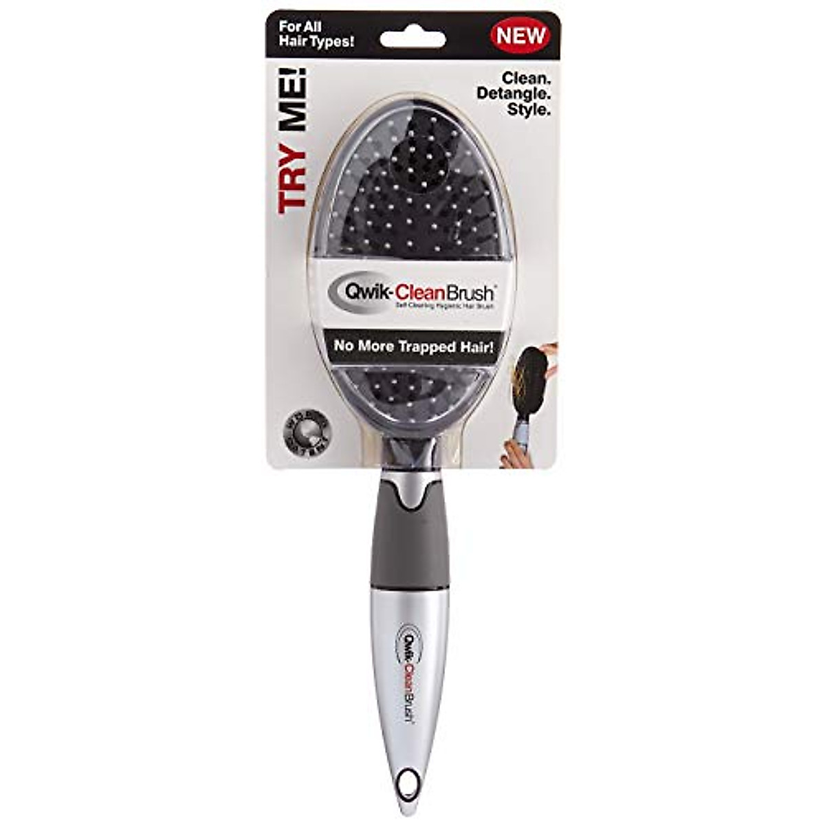 Qwik-Clean Brush - Easy Clean Retractable Bristles and Detangling Oval Brush for Curly, Straight and Thick Hair - Wet and Dry Hair - Black