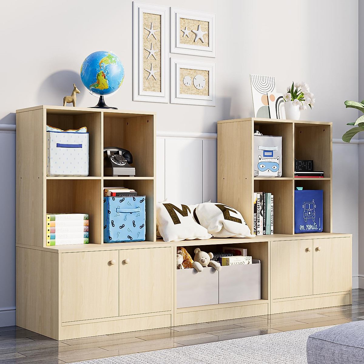 Cozy Castle Combination Book Shelf, 3-Piece Bookcase Set with 8 Cubes and 4 Doors, Large Cube Storage Bookshelf for Living Room, Playroom and Classroom, Oak