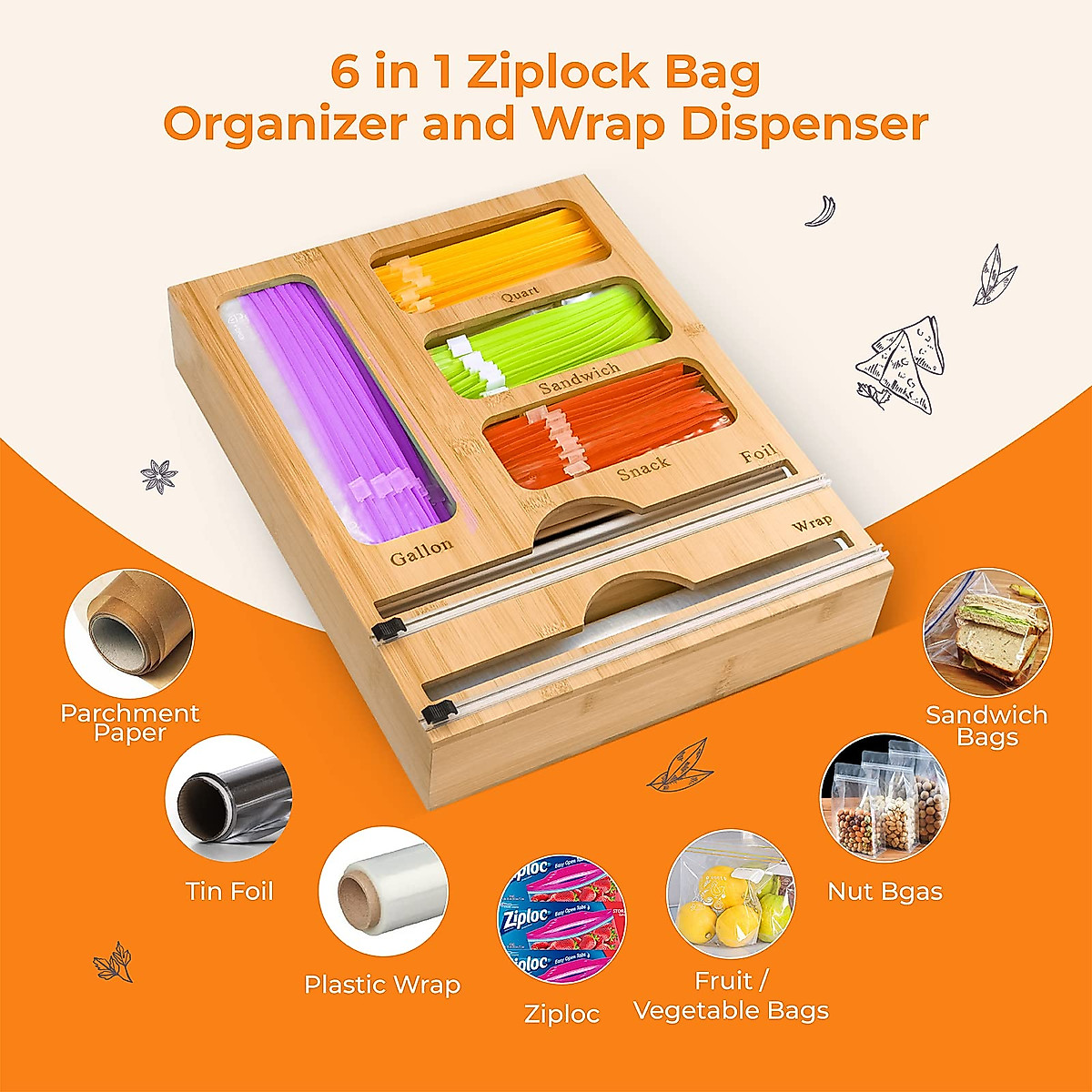 Bag Storage Organizer and Wrap Dispenser with Cutter for Kitchen Drawer, Bamboo Bags Compatible Foil, Wax, Ziploc Gallon, Quart, Sandwich Snack Variety Size 12'' Rolls, 1.0 Count, (Pack of 1)