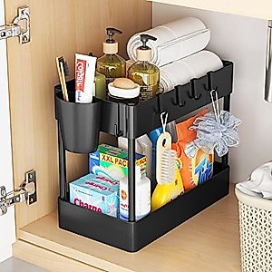 AIYAKA Under Sink Organizer, 2 Tier Storage Rack, Under Cabinet Organizer Baskets With 6 Hooks And 1 Cup For Bathroom Kitchen Pantry Bedroom, Black