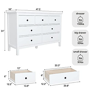CARPETNAL White Dresser, Modern Dresser for Bedroom, 7 Drawer Double Dresser with Wide Drawer and Metal Handles, Wood Dressers & Chests of Drawers for Hallway, Entryway.