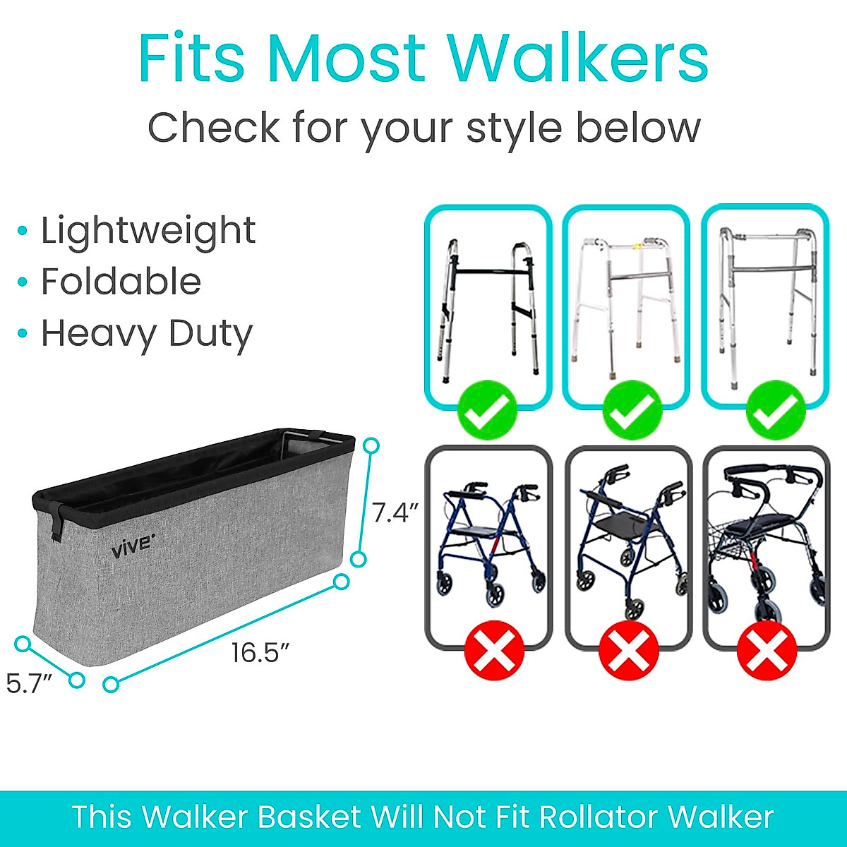 Vive Walker Basket Accessories Bag - Tray for Folding Walker with Water Cup Holder & Pockets - Universal Large Capacity Storage Container for Seniors, Elderly - Storage Mobility Aid Pouch (Gray)