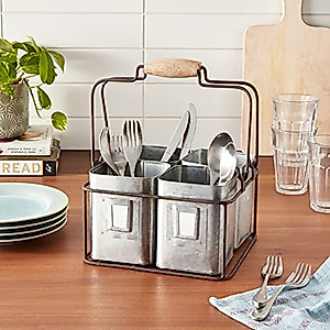 Colonial Tin Works Metal Four Tin Organizer with Handles, 9” x 9” x 5½”, Galvanized Gray Green Rust