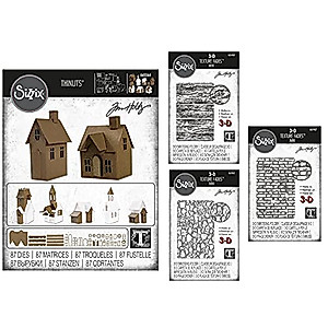 Tim Holtz Sizzix Village Collection Thinlits Dies, Bundle of 87 Dies (665564) Plus 3 Coordinating Mini Texture Fades, Lumber, Cobblestone and Brickwork (665460, 665461, 665462)
