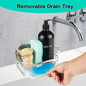 TEZZ Sponge Holder for Kitchen Sink- Stainless Steel Kitchen Storage Sink Caddy for Organizing Sponge, Brush & Dish Soap Dispenser, Kitchen Sink Organizer Rack with Adhesive or Counter top, Silver