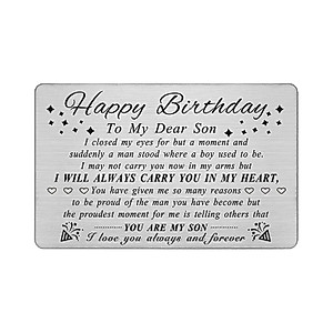 DEGASKEN Son Birthday Card Adult, Happy Birthday Gifts Ideas for Son Unique, Personalized Steel Engraved Wallet Card
