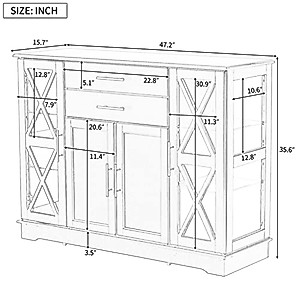SEASD Functional Sideboard with Tempered Glass Large Storage Space Adjustable Shelf Buffet (White/Black)
