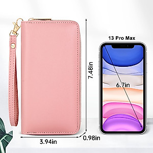 KUKOO Women’s Zip Around Wallet Phone Clutch Purse Card Holder Organizer Wristlet PINK