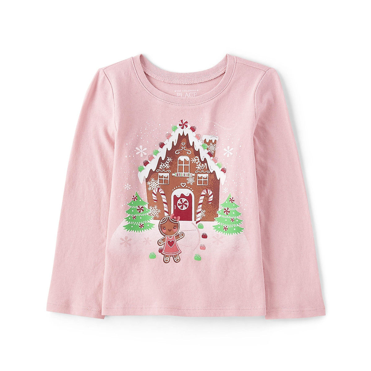 The Children's Place Baby Girls' and Toddler Long Sleeve Christmas Graphic T-Shirt, Gingerbread, 2T