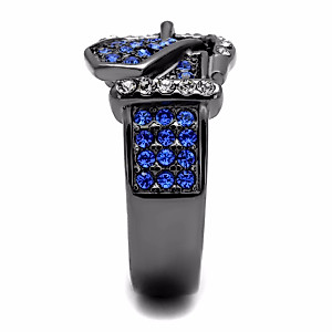 Lanyjewelry Royal Blue Multi Color Crystal IP Light Black Stainless Steel Belt Buckle Ring - Size 8