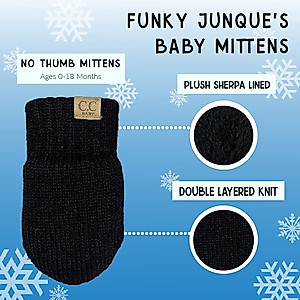 Funky Junque Infant Winter Hat and Mitten Set Newborn Pom Pom Beanie with Fleece Lined Mittens for Baby Boys and Girls (0-9 Mo), Black