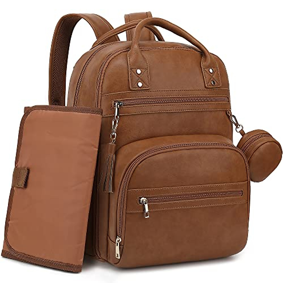 ROSEGIN Vegan Leather Diaper Bag Backpack with Changing Pad and Pacifier Holder, Multi-Functional Baby Bag for Boy Girl, Waterproof for Travel, Perfect Baby Shower Gifts for Mom, Dad, Newborn, Brown