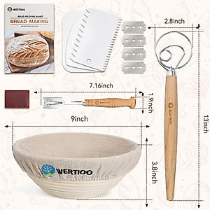 Banneton Bread Proofing Basket Set of 2, 9 Inch Round Sourdough Proofing Basket, Sourdough Starter Kit, Sourdough Bread Baking Supplies with Dough Scraper, Danish Dough Whisk, Bread Lame, Bowl Scraper