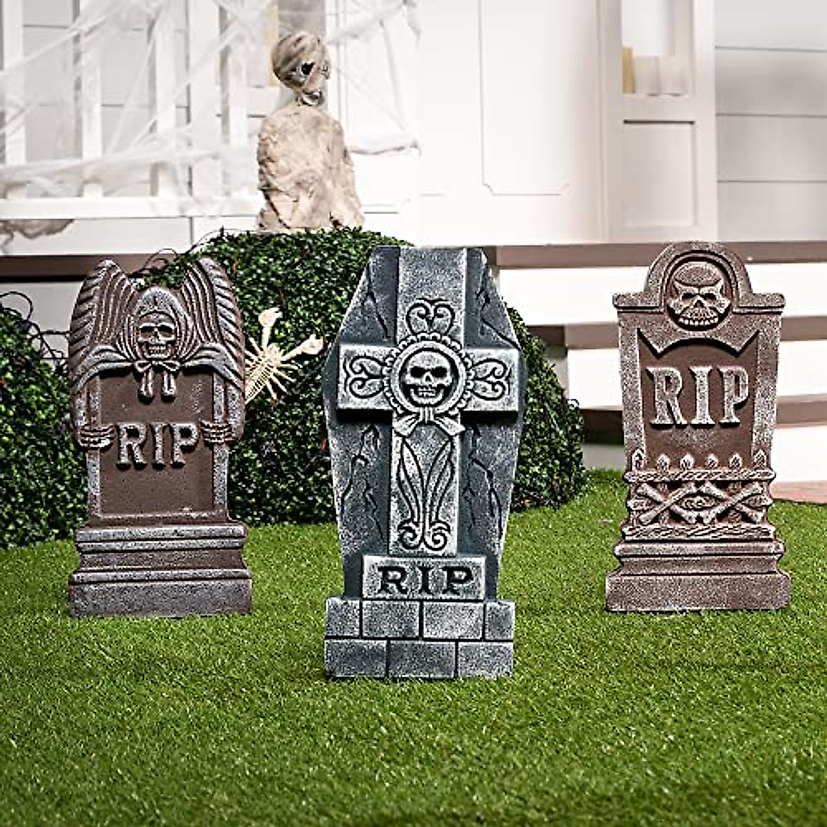JOYIN 17” Halloween Foam RIP Graveyard Tombstones (5 Pack), Yard Sign Headstone Decorations and 12 Bonus Metal Stakes for Halloween Yard Outdoor Indoor Decorations